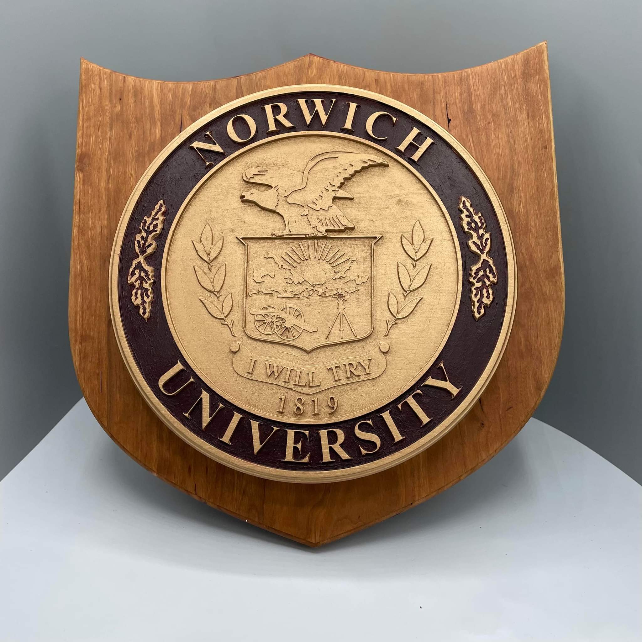 Norwich Sabre/Sword display shield | Theta Pi Woodshop LLC.